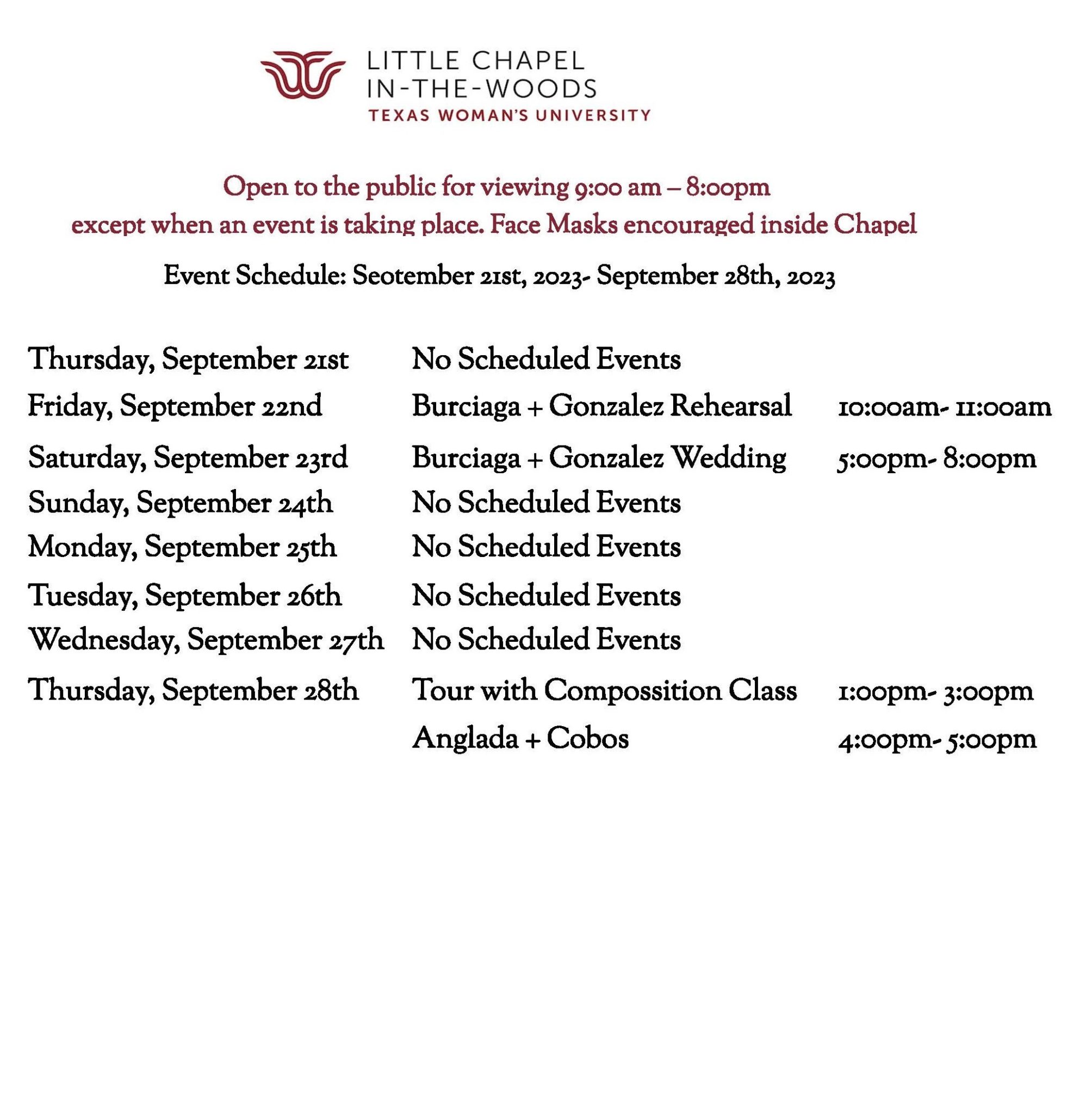 Weekly Chapel Schedule – Little Chapel in the Woods and Gardens Wedding ...