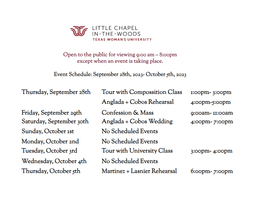 Weekly Chapel Schedule – Little Chapel in the Woods and Gardens Wedding ...