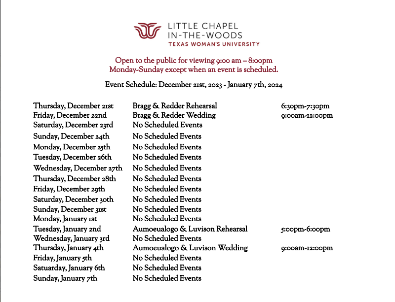 Weekly Chapel Schedule – Little Chapel in the Woods and Gardens Wedding ...