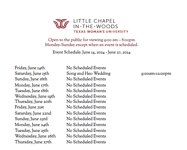 Weekly Chapel Schedule – Little Chapel in the Woods and Gardens Wedding ...