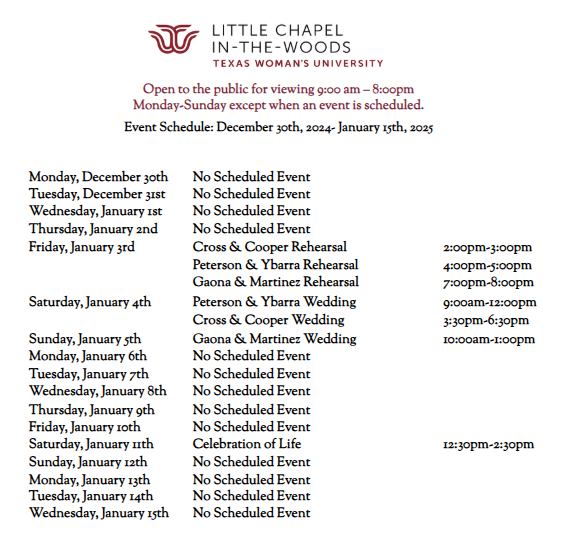 Weekly Chapel Schedule – Little Chapel in the Woods and Gardens Wedding ...